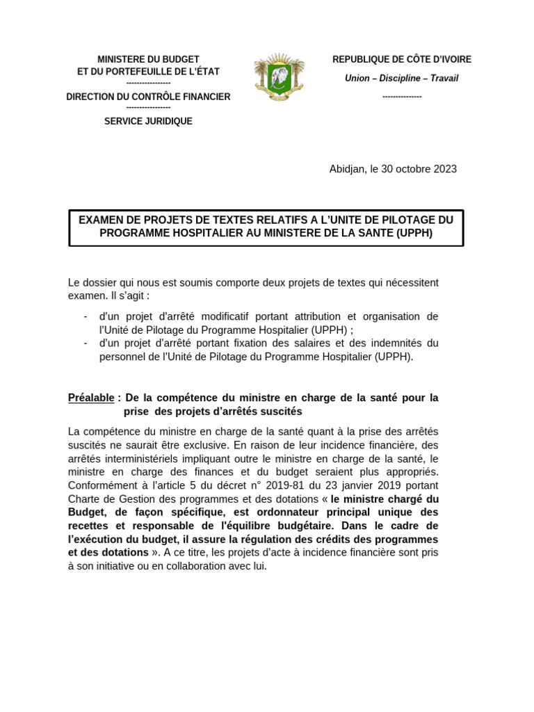 Examen des Arrêtés UPPH en Côte d'Ivoire | PDF | Budget