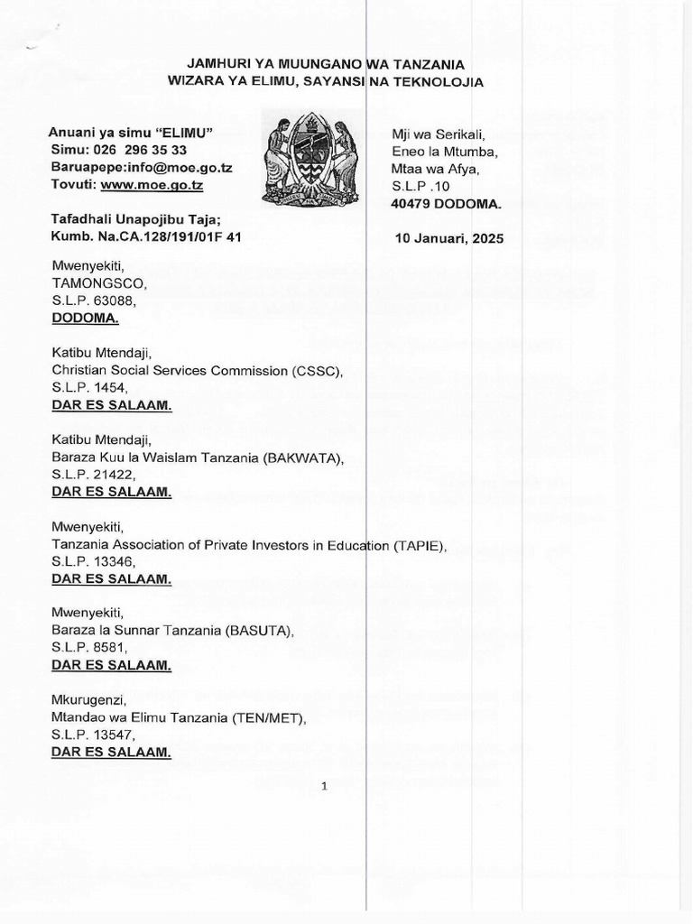 Waraka Wa Elimu Na 01 Wa Mwaka 2025 | PDF