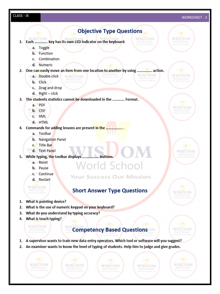 Class IX Computer Worksheet: Objective & Short Questions | PDF