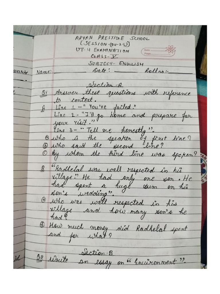 Class 5th English Worksheet UT-4 | PDF