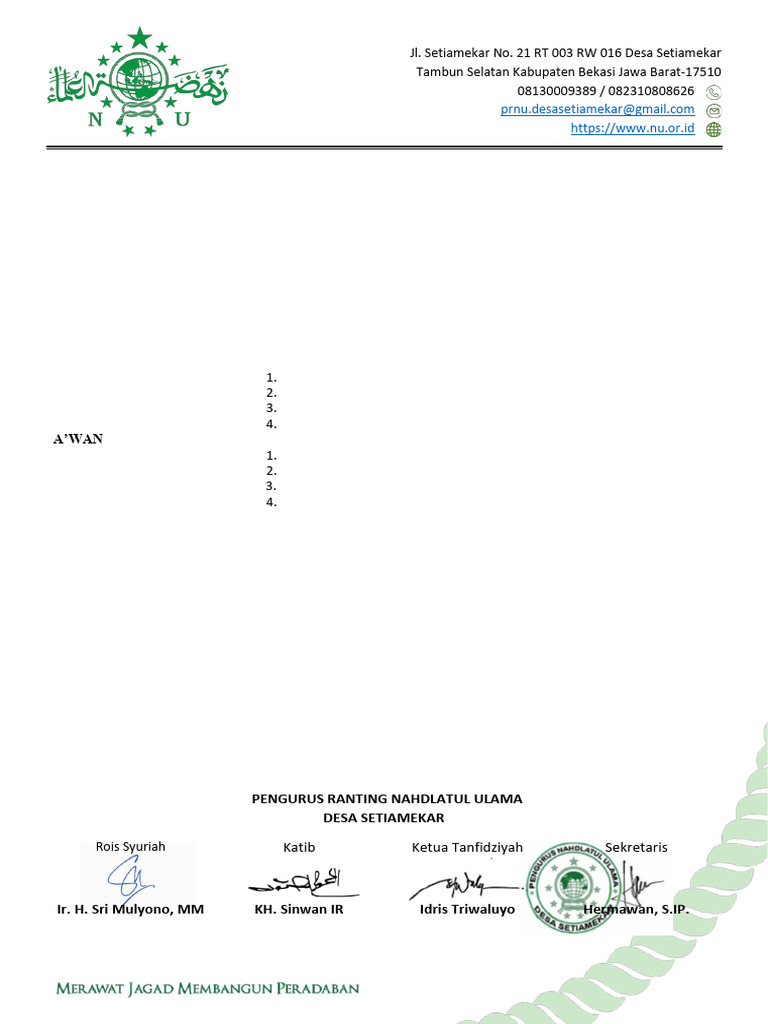 Struktur Pengurus Anak Ranting Nu Desa Setiamekar 2024 (Selatan) | PDF