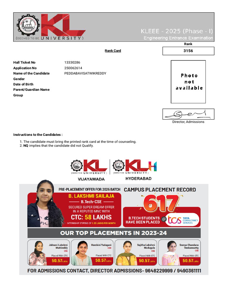 KLEEE 2025 Phase I Rank Card | PDF