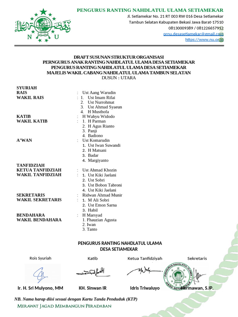 Struktur Pengurus Anak Ranting Nu Desa Setiamekar 2024 Dusun Utara | PDF