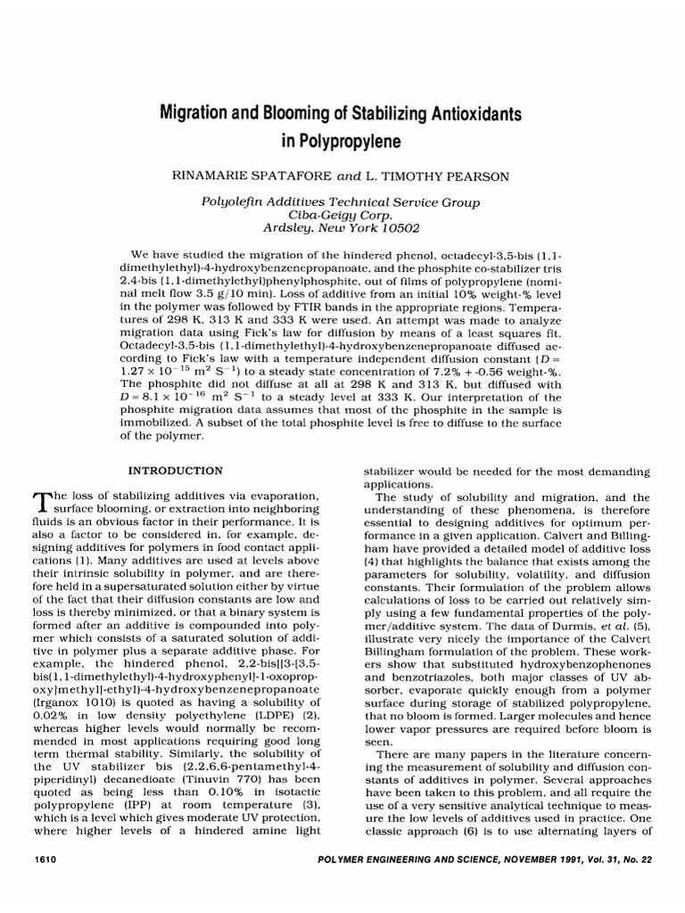 Migration and Blooming of Stabilizing Antioxidants in Polypropylene ...