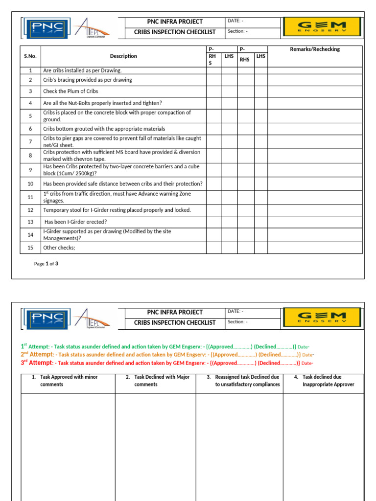 Cribs Inspection and Approver Checklist | PDF