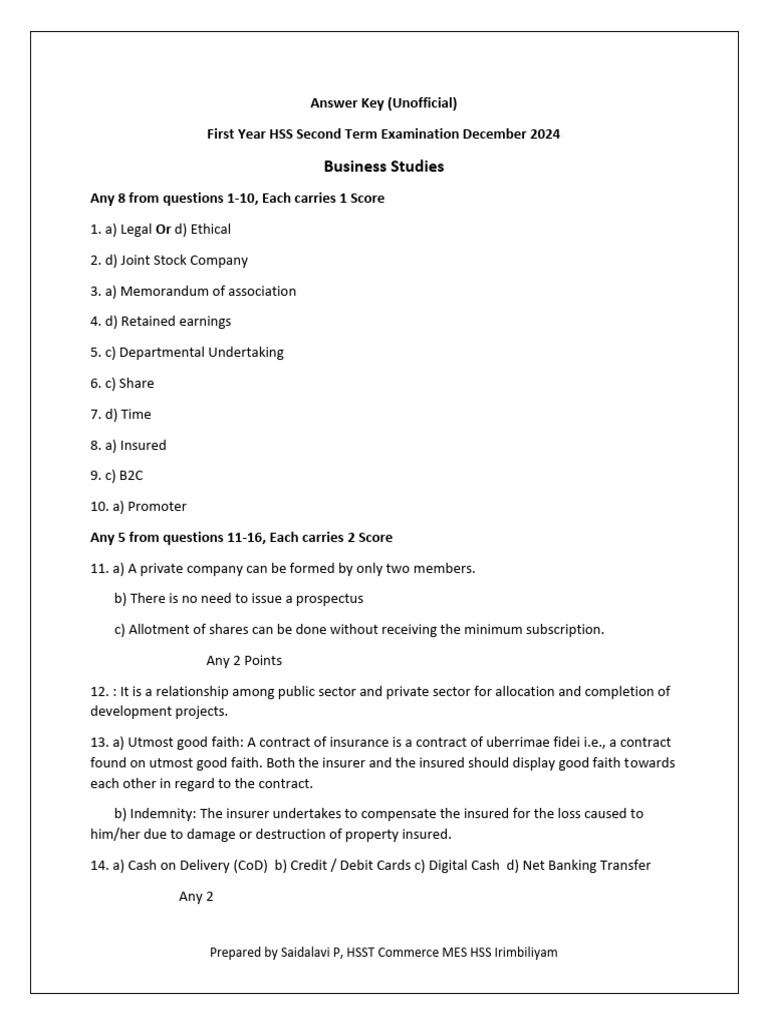 Business Studies Exam Answer Key 2024 | PDF | Transaction Account | Banks