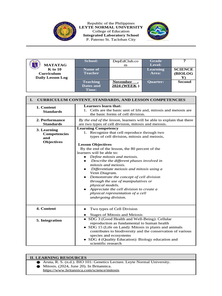 Grade 7 Detailed Lesson Plan | PDF | Meiosis | Mitosis