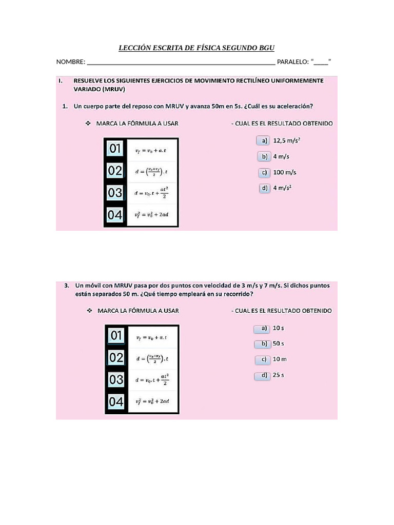 Lección Escrita de Física Segundo Bgu Mruv | PDF