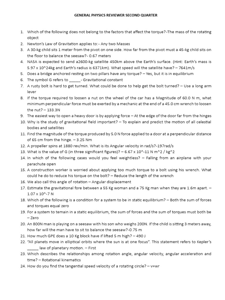 General Physics Reviewer Second Quarter | PDF | Force | Torque