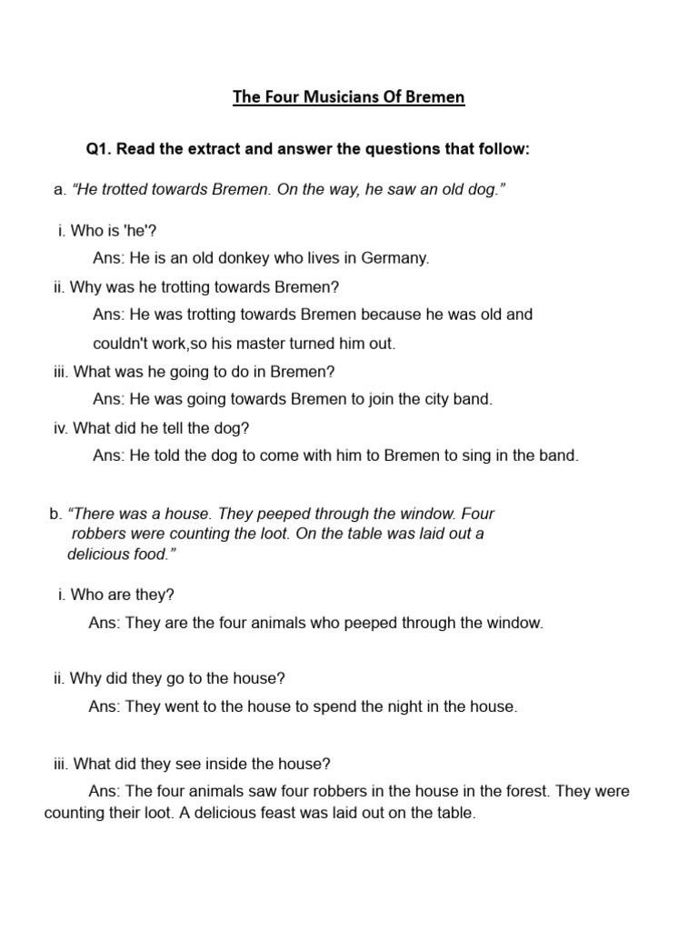 Bremen Musicians: Q&A for Students | PDF