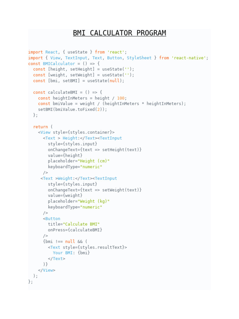 React Native BMI Calculator App | PDF