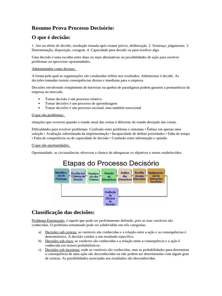 Resumo P1 Processo Decisório | PDF | Tomada de decisões | Racionalidade