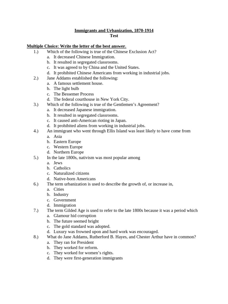 Immigrants and Urbanization 1870-1914 Quiz | PDF | Immigration ...