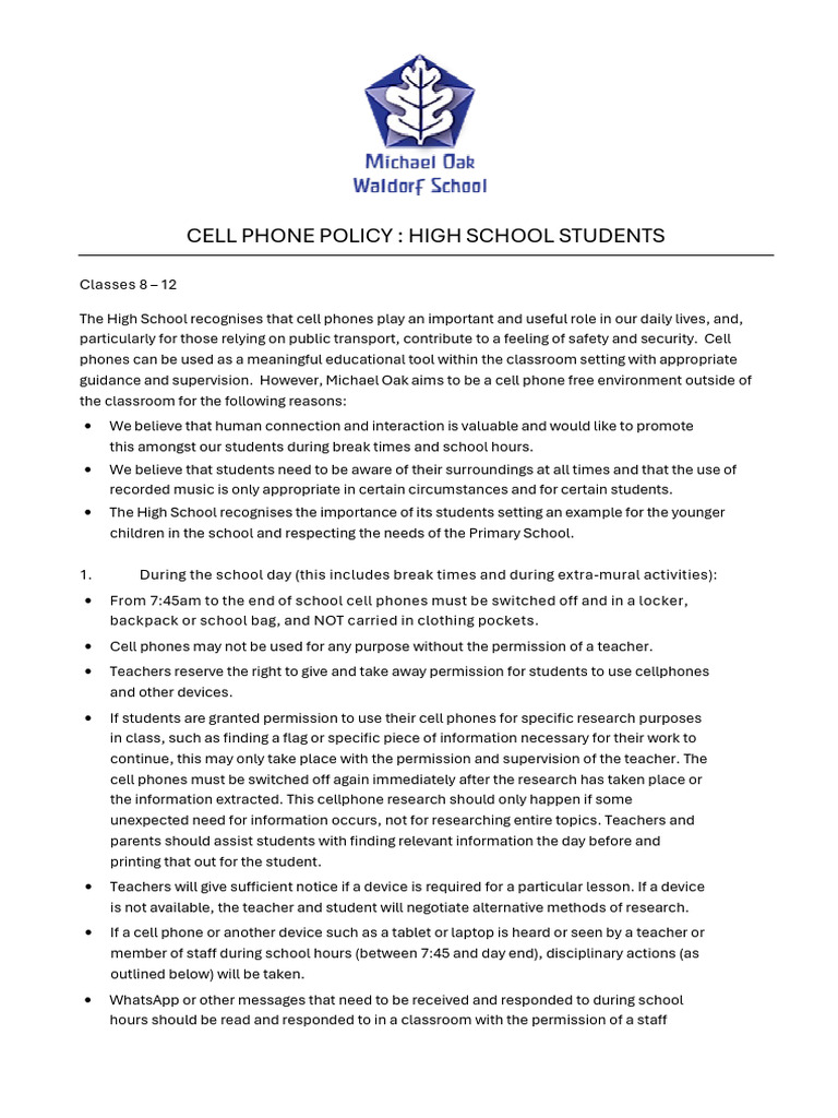 Cell Phone Policy High School Students 2023 | PDF | Headphones | Mobile ...