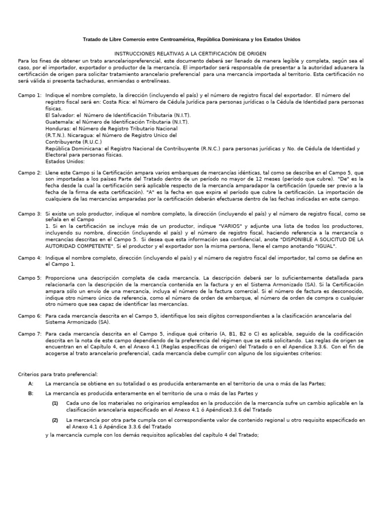 Certificado de Origen Cafta Estados Unidos | PDF