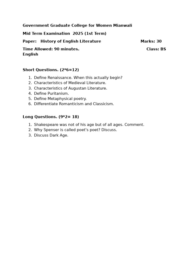 Mid Term Exam: History of English Literature | PDF