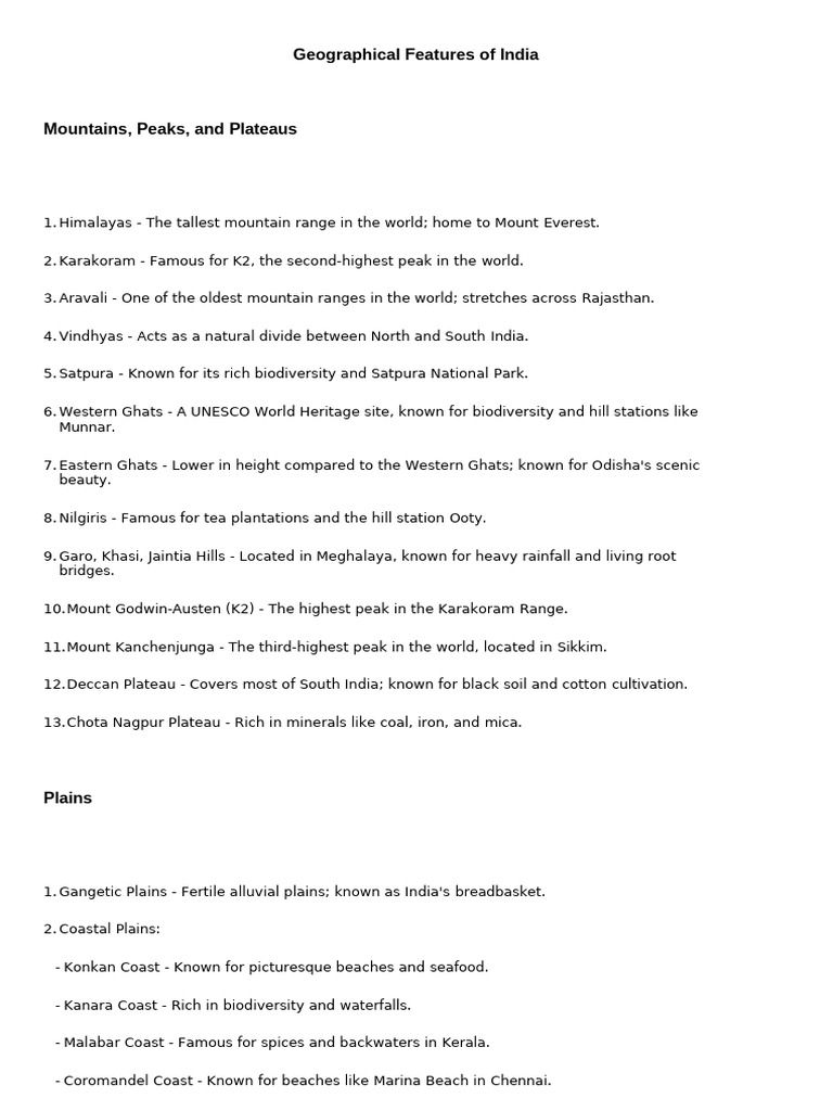 Key Geographical Features of India | PDF | South India | Earth Sciences