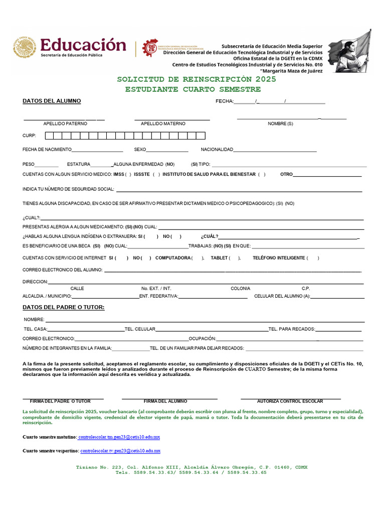 2 - SE - IMPRIME - Solicitud de Reinscripción 2025 - 4SEM | PDF