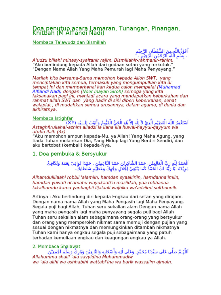Doa Penutup Lamaran, Tunangan, Pinangan, Khitbah (M Alfiandi Nadi) | PDF