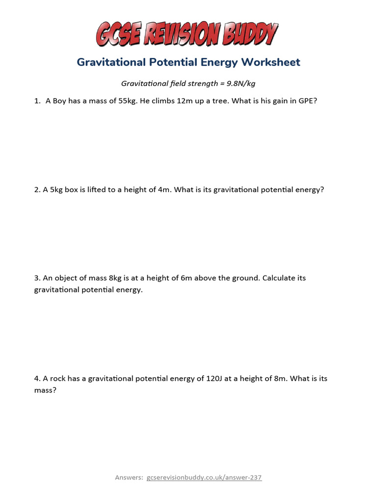 Physics Gravitational Potential Energy Worksheet | PDF