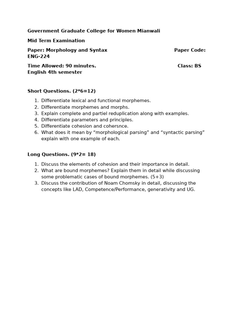 Morphology and Syntax Exam Paper ENG-224 | PDF