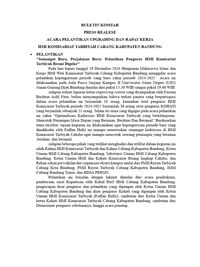 BULETIN KOMTAR (Pelantikan, Upgrading, Dan Raker) | PDF