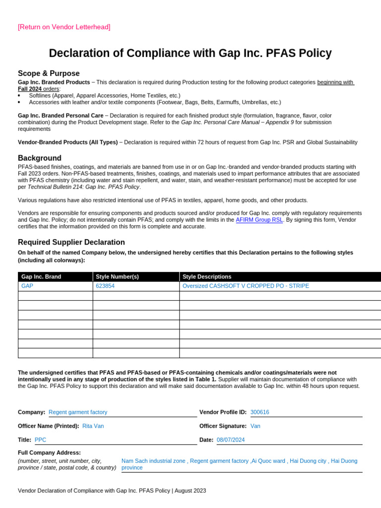 PFAS Declaration - Aug 2023- 9019 | PDF | Clothing