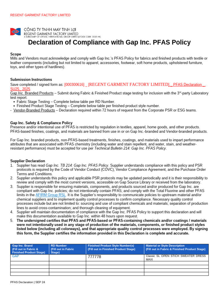 Declaration - Gap Inc. PFAS Policy - 3014-3012 | PDF | Textiles | Clothing