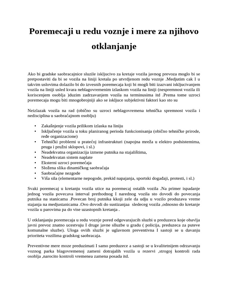 Poremecaji U Redu Voznje I Mere Za Njihovo Otklanjanje | PDF
