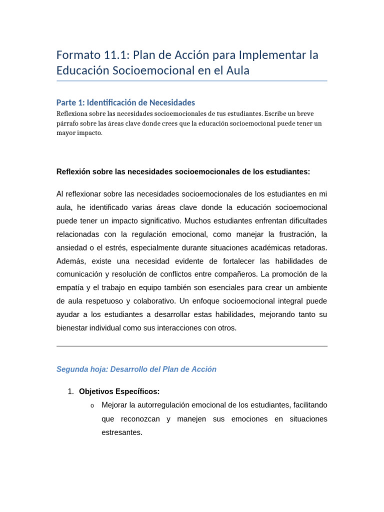 Plan de Acción para Educación Socioemocional | PDF | Autorregulación ...