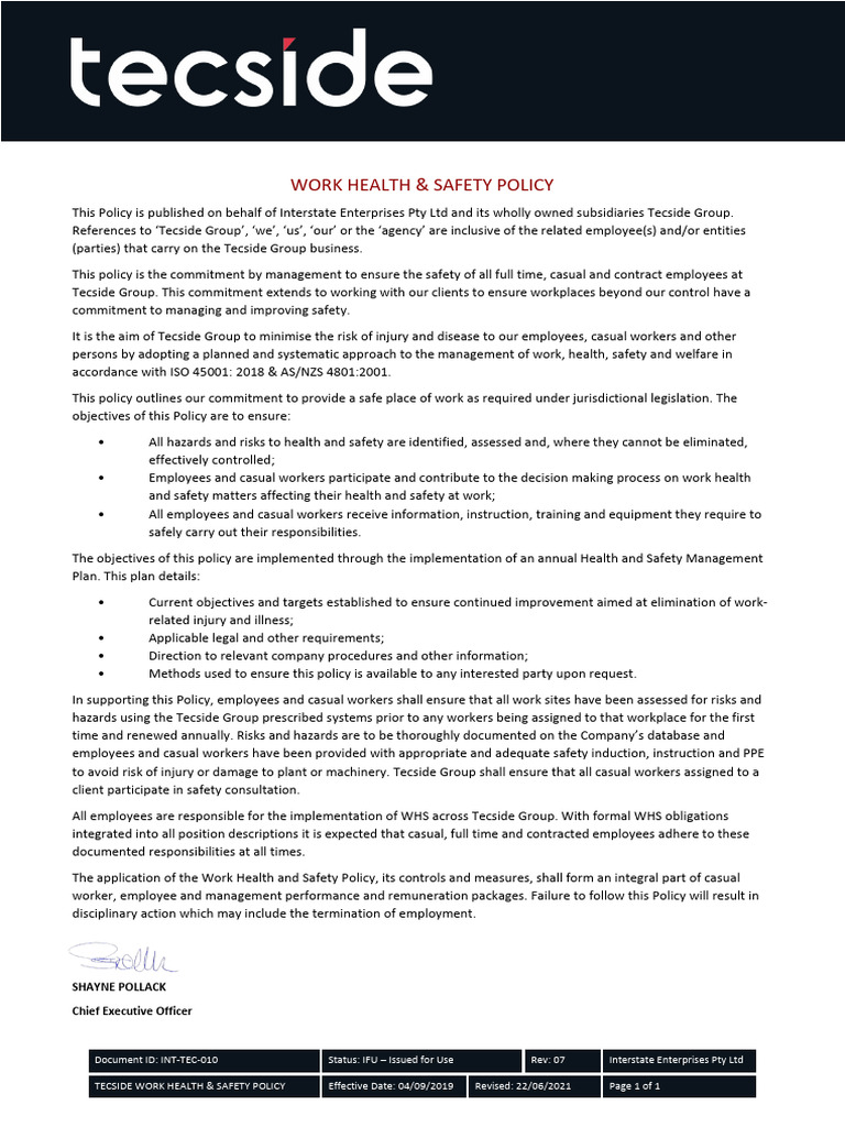 Tecside - Policy - Work Health and Safety Policy V7 22.06.2021 | PDF | Occupational Safety And ...