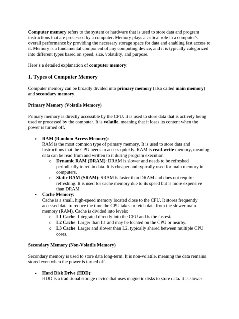 Types of Computer Memory Explained | PDF | Computer Data Storage | Random Access Memory