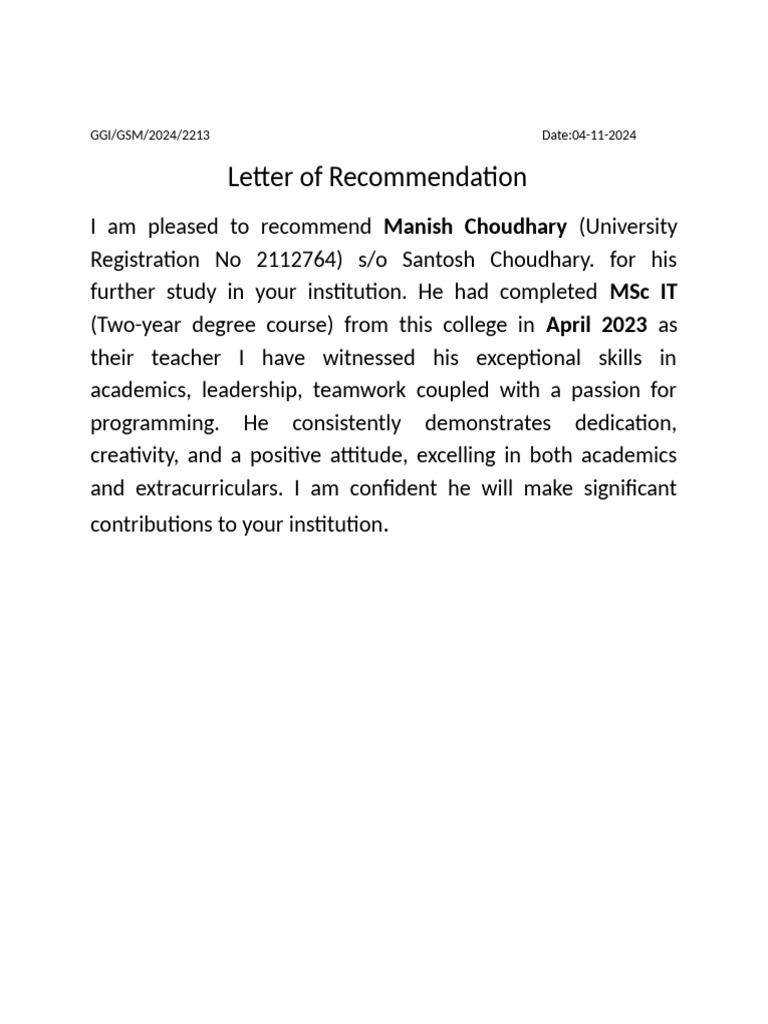 Letter of Recommendation: Manish Choudhary MSC It April 2023 | PDF