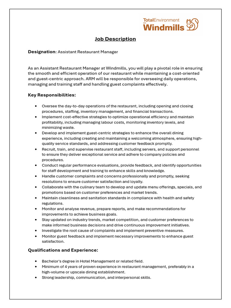 Assistant Restaurant Manager Role | PDF | Restaurants | Point Of Sale