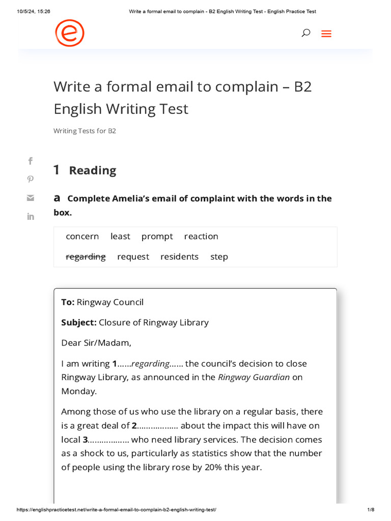Write A Formal Email To Complain - B2 English Writing Test - English ...