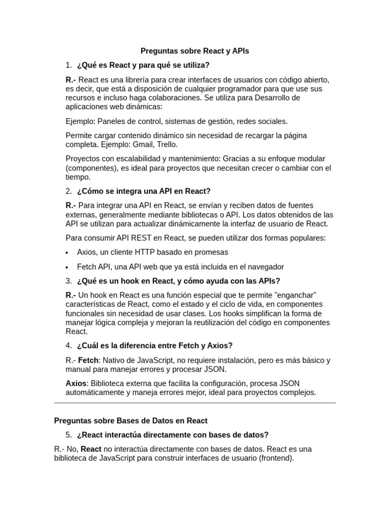 Preguntas Clave sobre React y APIs | PDF | Scrum (desarrollo de software) | Desarrollo de software