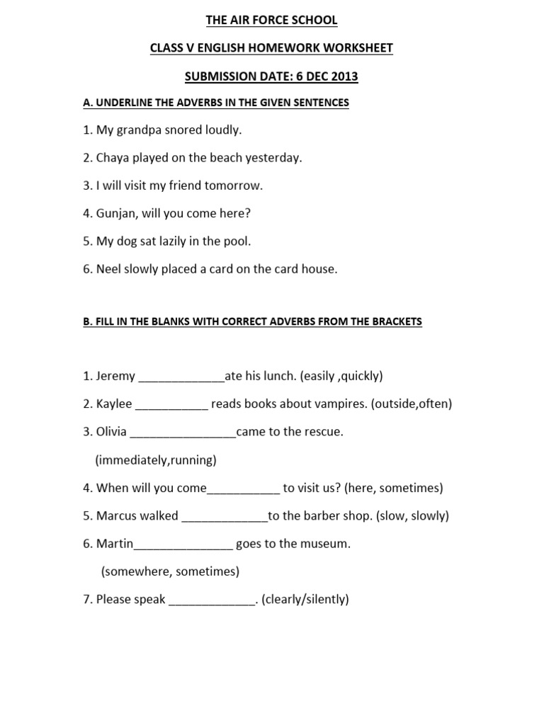 CBSE Class 5 English Worksheet - Adverbs | PDF