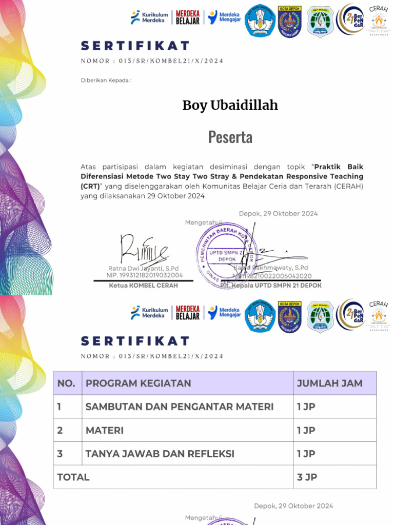 Sertifikat Diferensiasi Metode Two Stay Two Stray & Pendekatan Responsive Teaching (CRT) | PDF