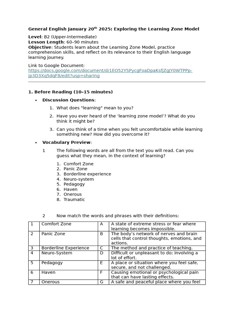 General English January 20th 2025 Exploring the Learning Zone Model STUDENT | PDF | Learning | Fear