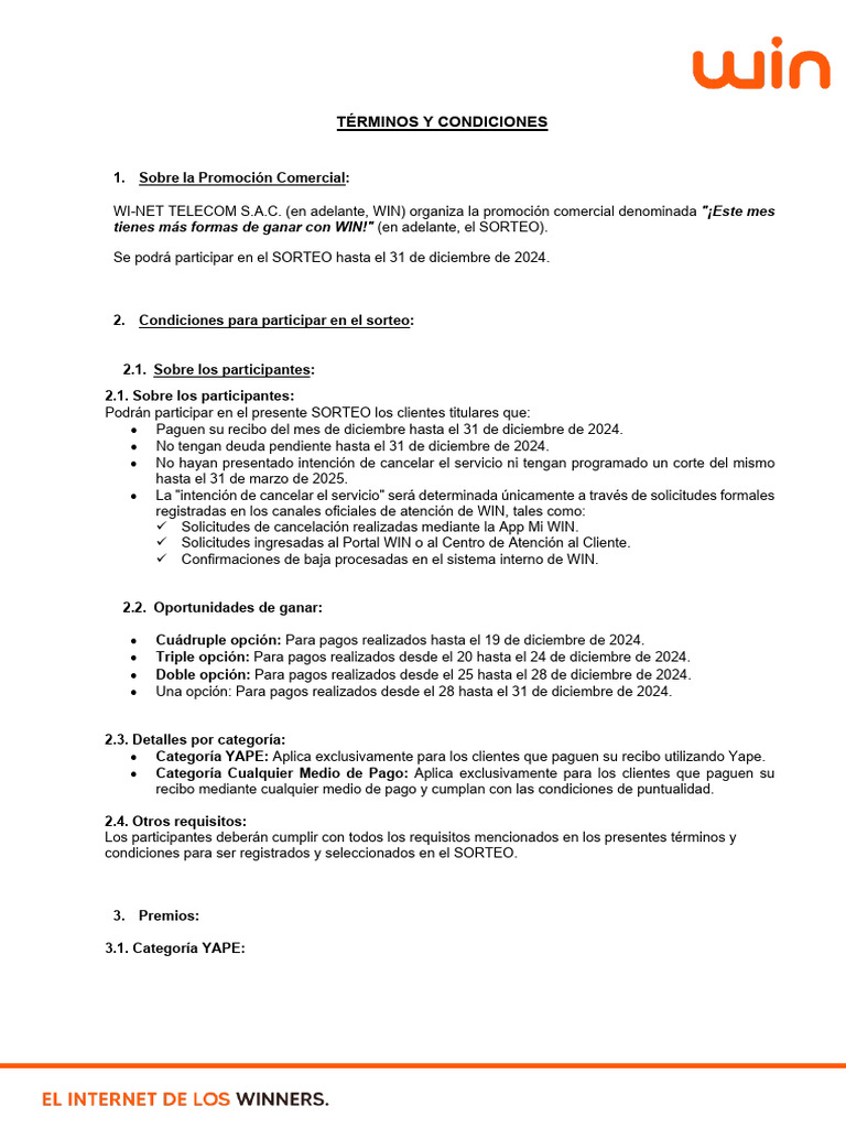 Sorteo de WIN: Términos y Condiciones | PDF