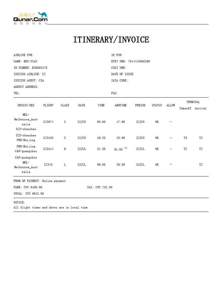 Flight Itinerary and Invoice Details | PDF