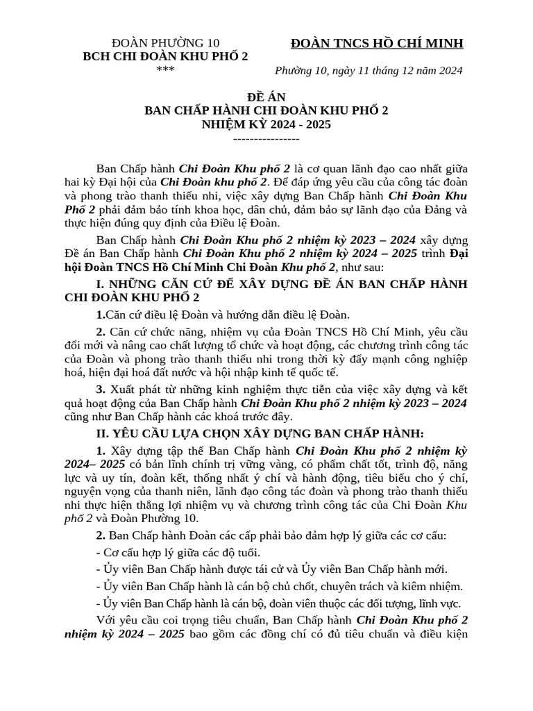 04 Đề án BCH Chi Đoàn KP2 Nhiệm kỳ 2024 - 2025 | PDF