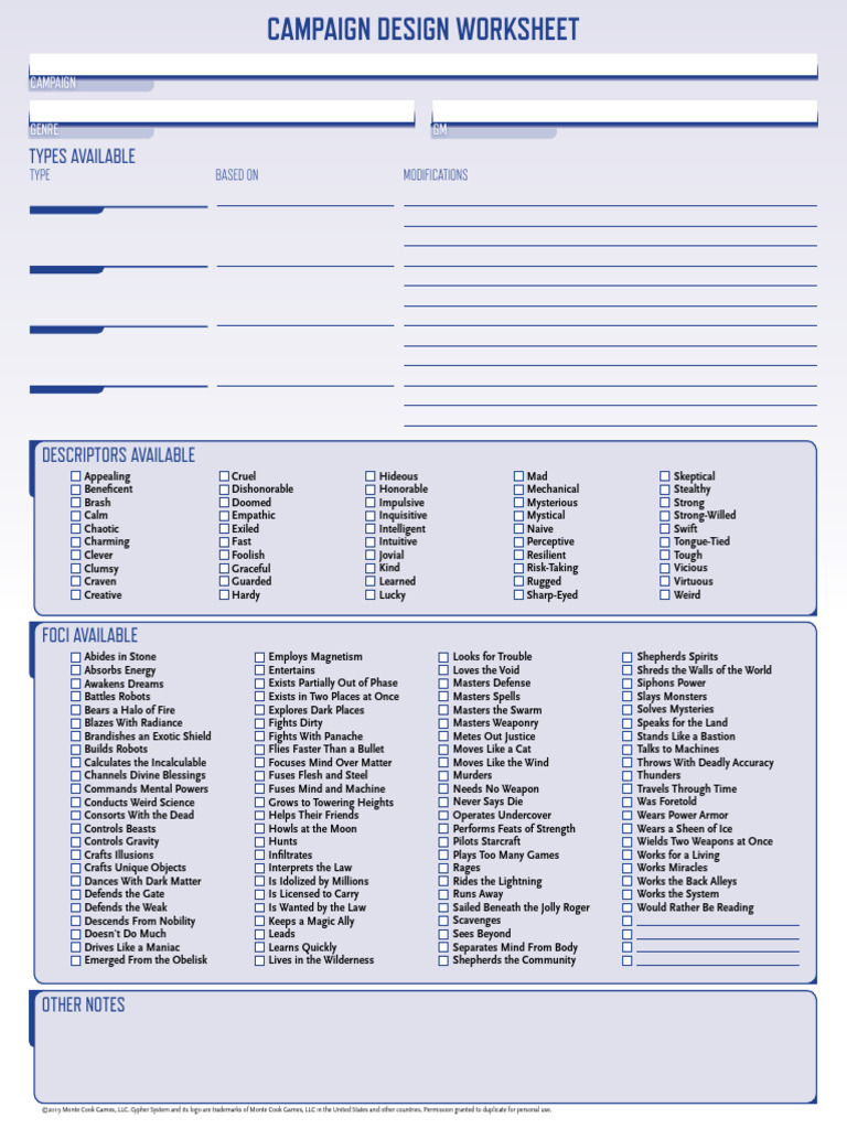 Cypher System Campaign Design Worksheet-Revised-FormFillable-2019-09-10 ...