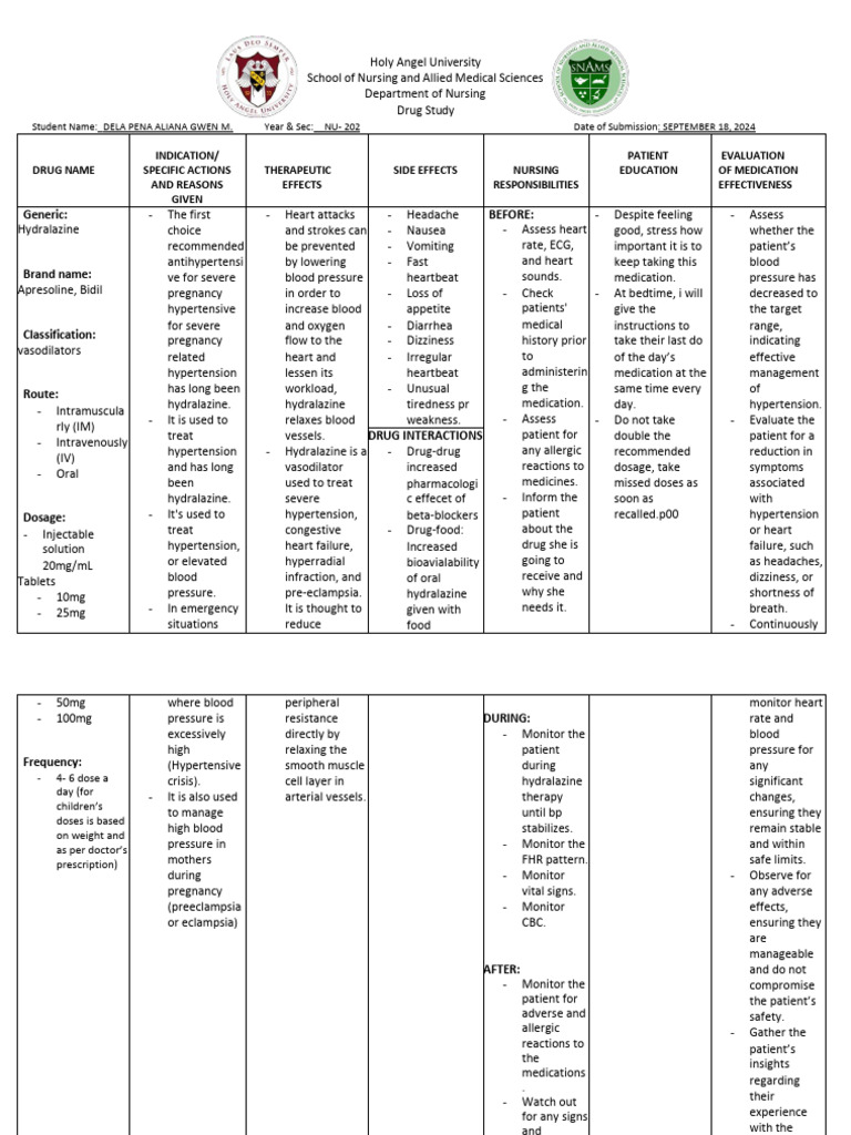 Hydralazine: Nursing Drug Study Guide | PDF | Hypertension | Pharmacology