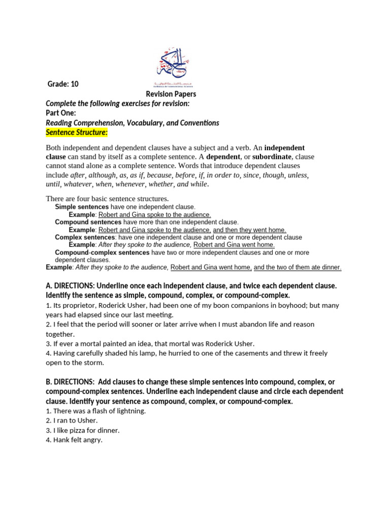 Grade 10 English Revision Paper | PDF | Adverb | Reason