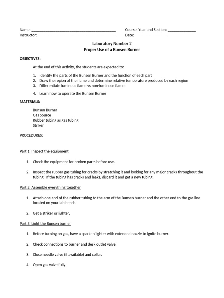 Lab 2 Proper Use of A Bunsen Burner | PDF