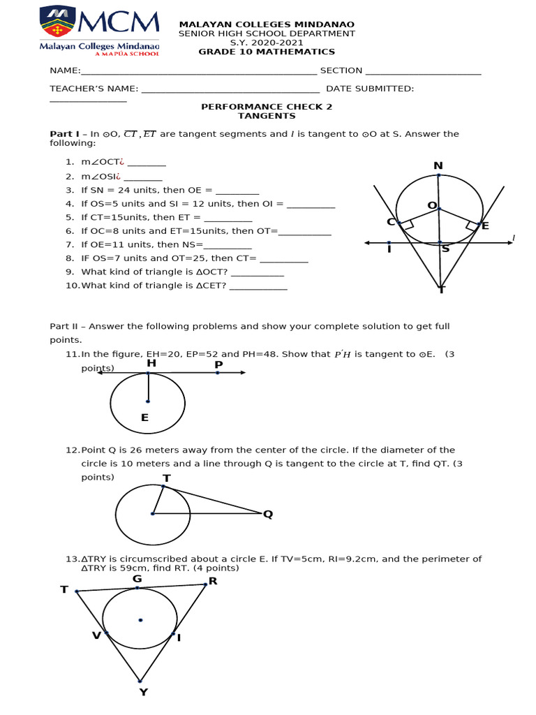 Grade 10 Math Tangents Worksheet | PDF