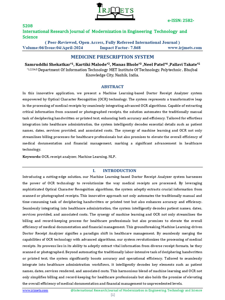 IRJMETS Research Paper Group 7 | PDF | Optical Character Recognition | Machine Learning