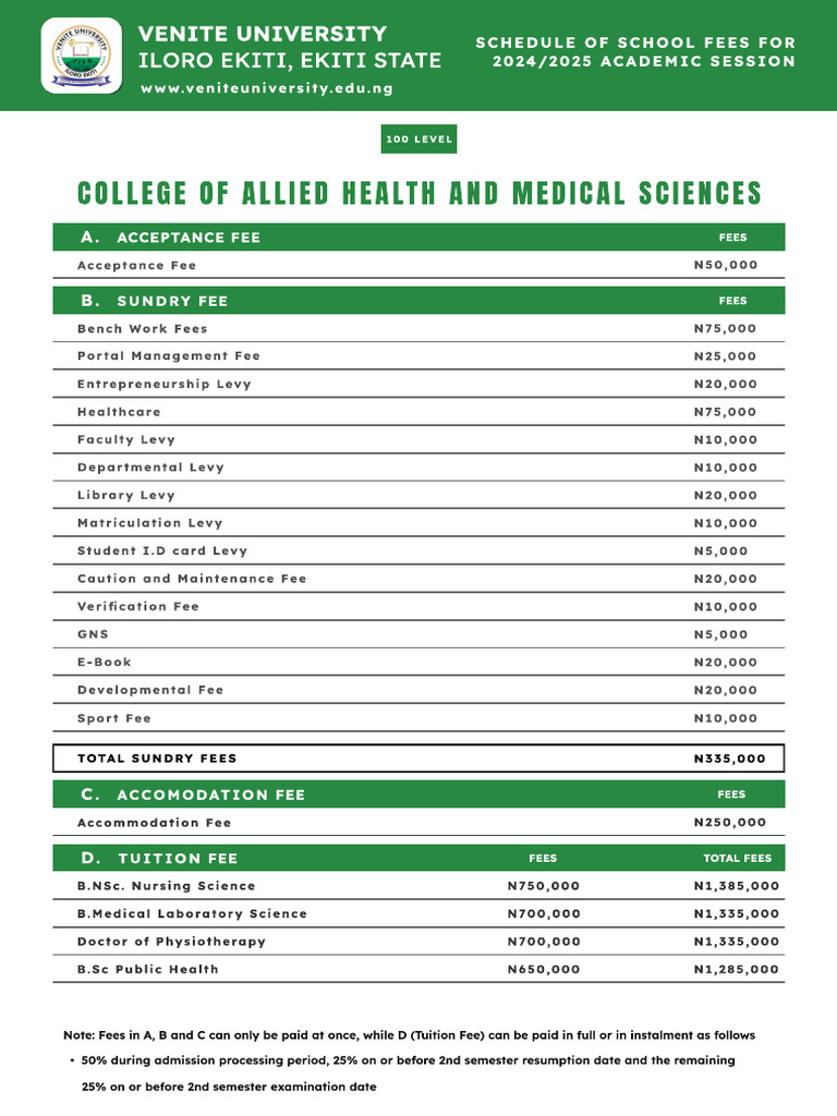 Venite University 2024/2025 Fees Schedule | PDF | Health Care