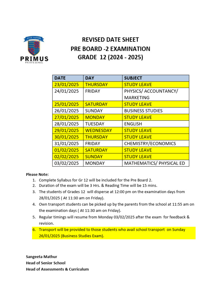 Grade 12 Pre Board 2 Exam Schedule 2025 | PDF